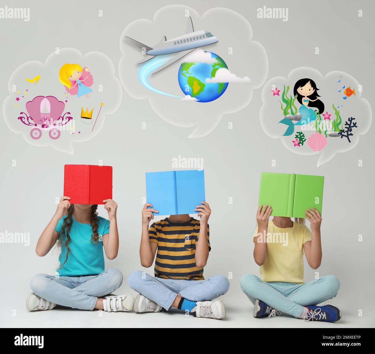 Children reading books on light grey background Stock Photo - Alamy