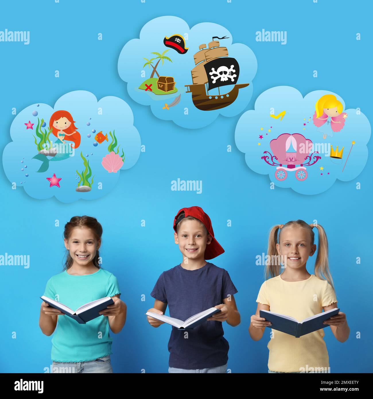 Happy children reading books on blue background Stock Photo - Alamy Happy children reading books on blue background Stock Photo - Alamy