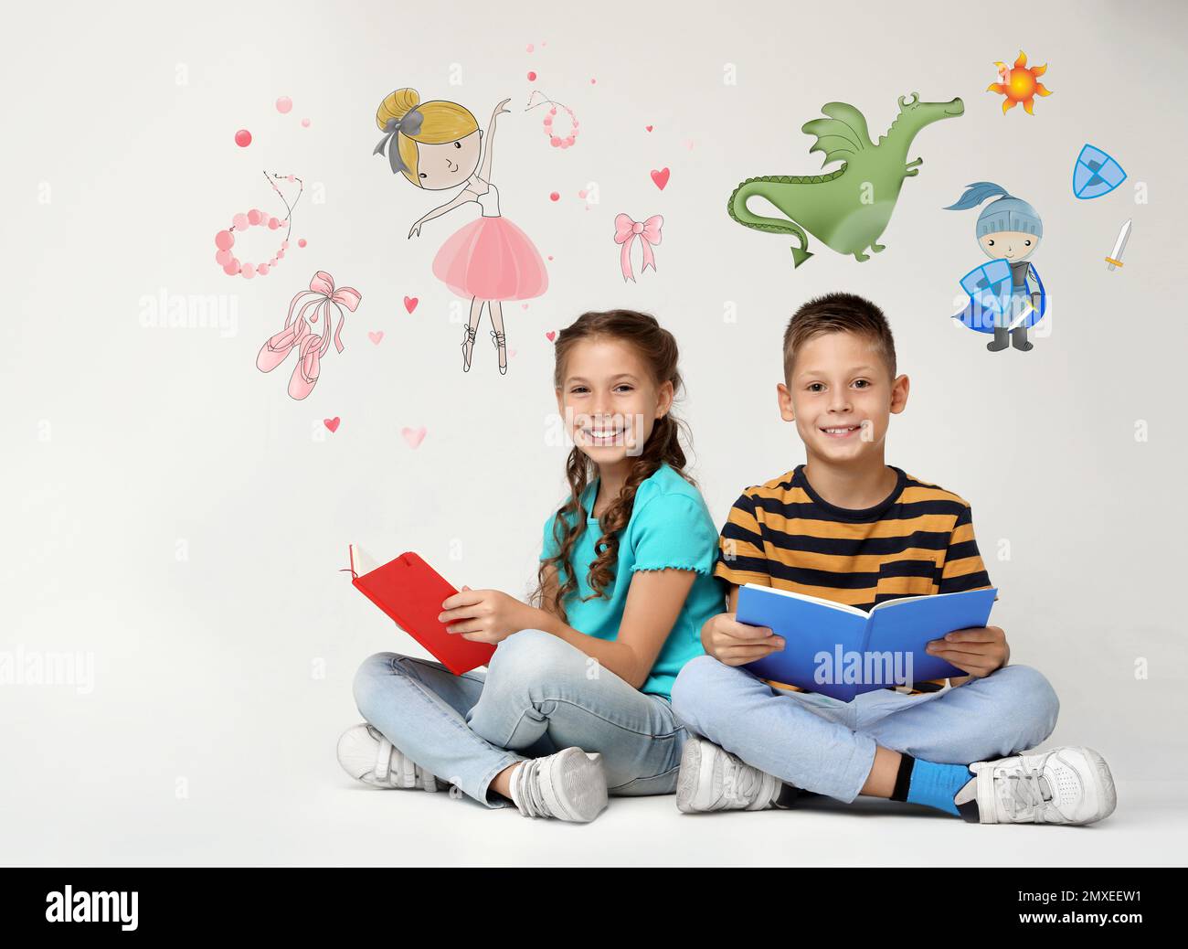 Happy children reading books on grey background Stock Photo - Alamy