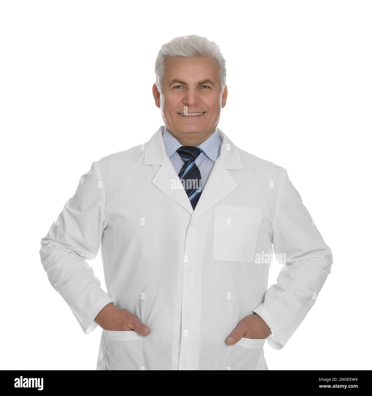 Happy senior man in lab coat on white background Stock Photo - Alamy