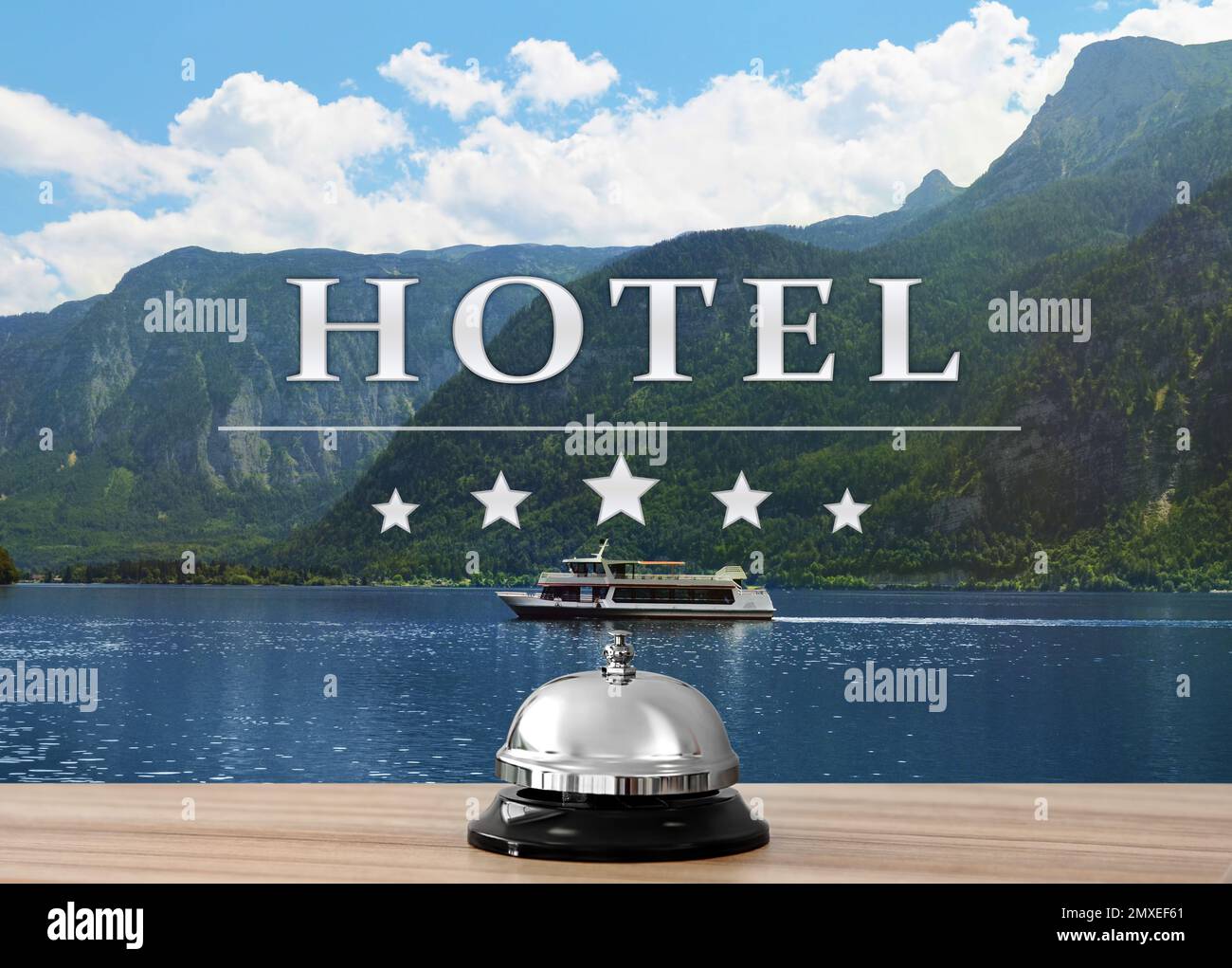 5 Star hotel. Reception desk with service bell and picturesque ...