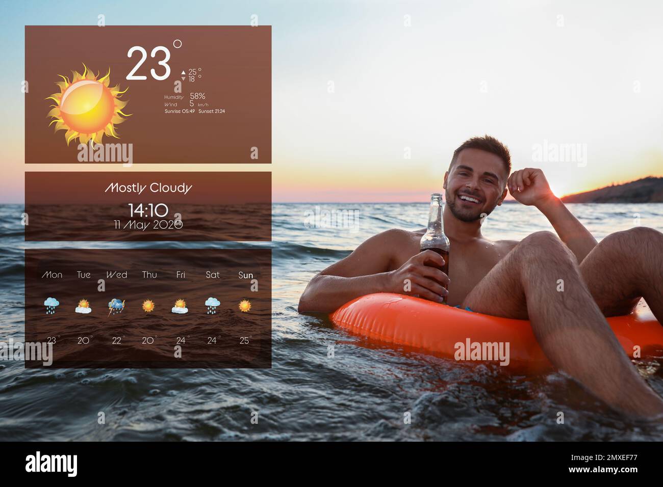 Happy young man with drink on inflatable ring in water and weather ...