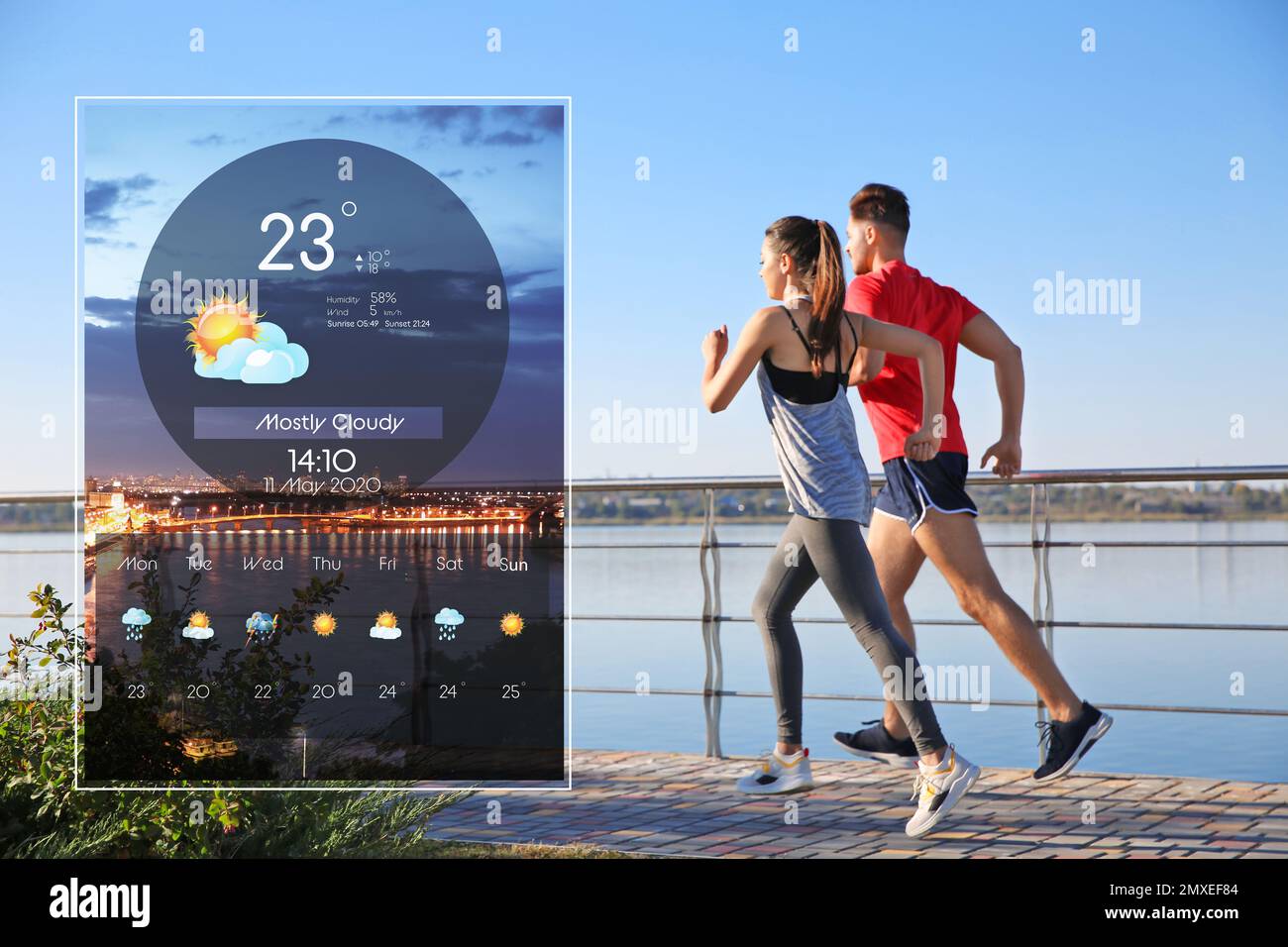 Sporty couple running outdoors and weather forecast widget. Mobile ...