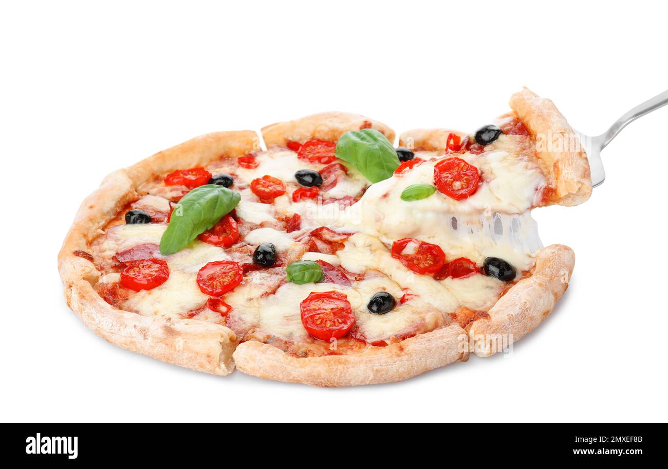 Taking slice of delicious pizza Diablo on white background Stock Photo ...