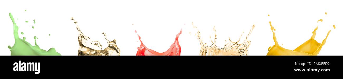Set with splashes of different juices on white background. Banner ...