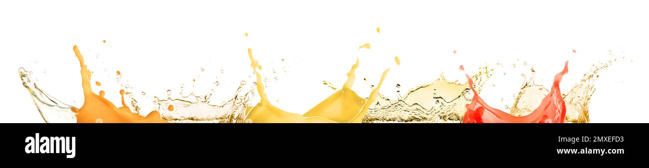 Splashes of different juices on white background. Banner design Stock ...