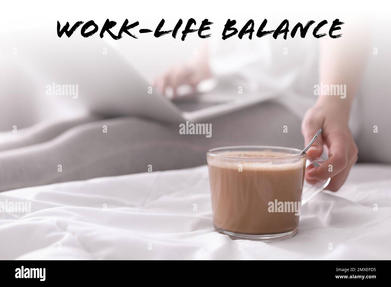 Work-life balance concept. Woman taking cup of morning coffee in ...