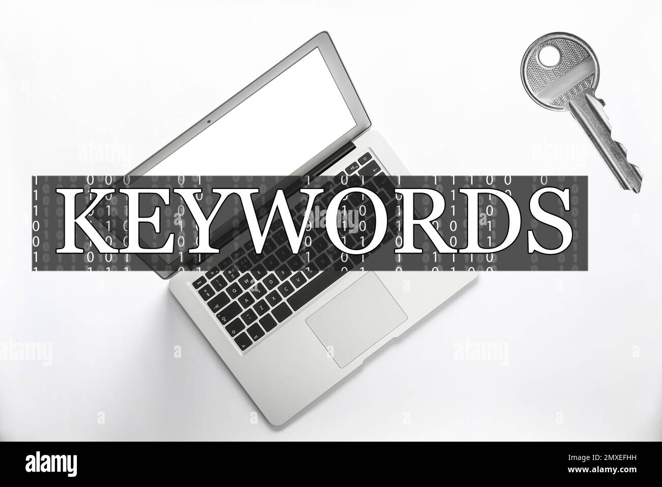 Word Keywords, laptop and key on white background, top view. SEO ...