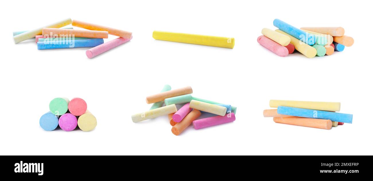 Set with colorful pieces of chalk on white background. Banner design ...