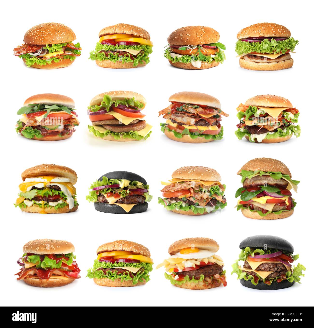 Set of different delicious burgers on white background Stock Photo - Alamy