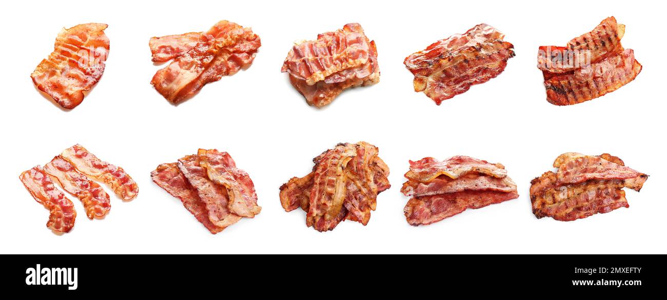 Set with tasty fried bacon slices on white background. Banner design ...