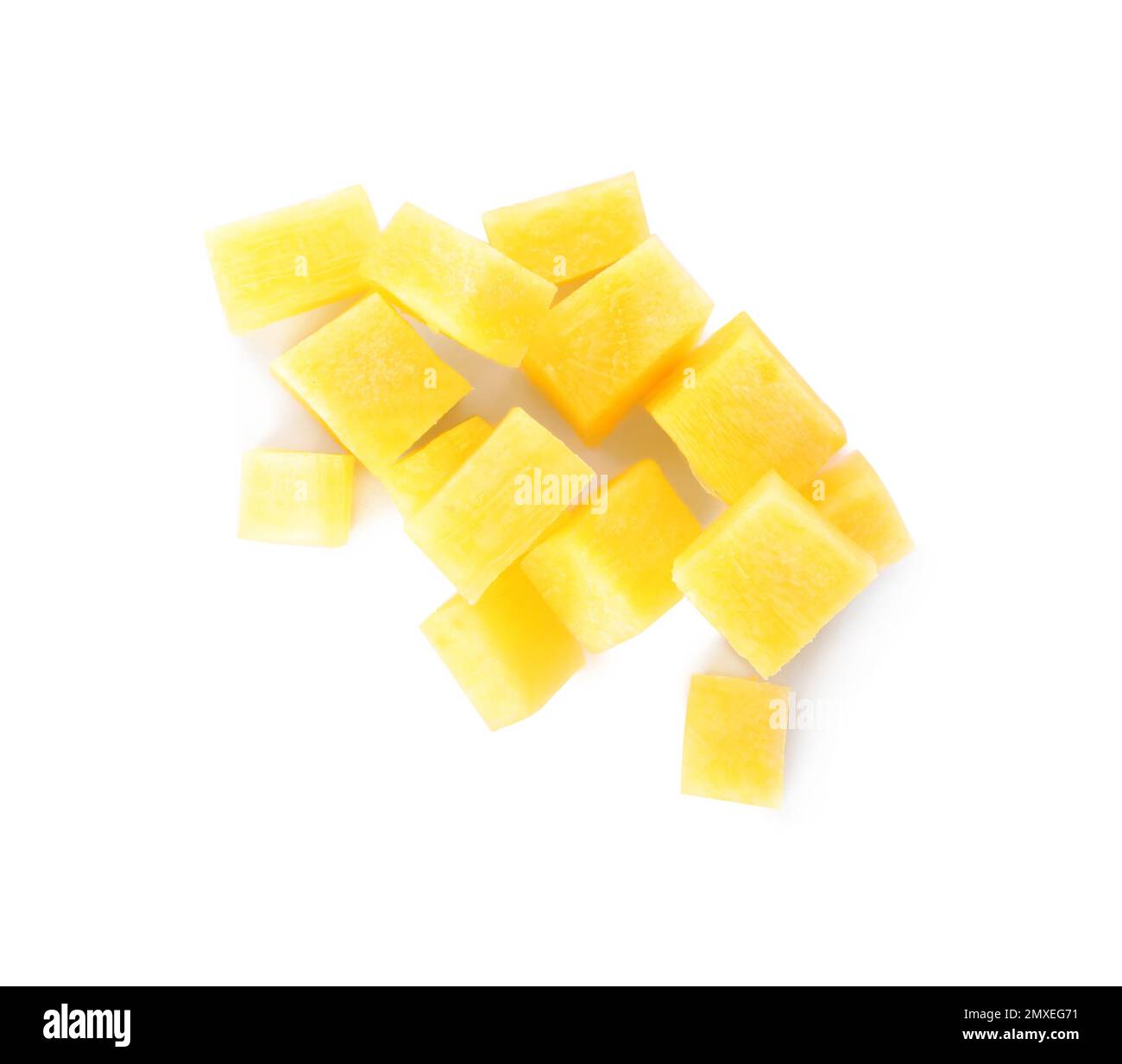 Raw yellow carrot cubes isolated on white, top view Stock Photo - Alamy