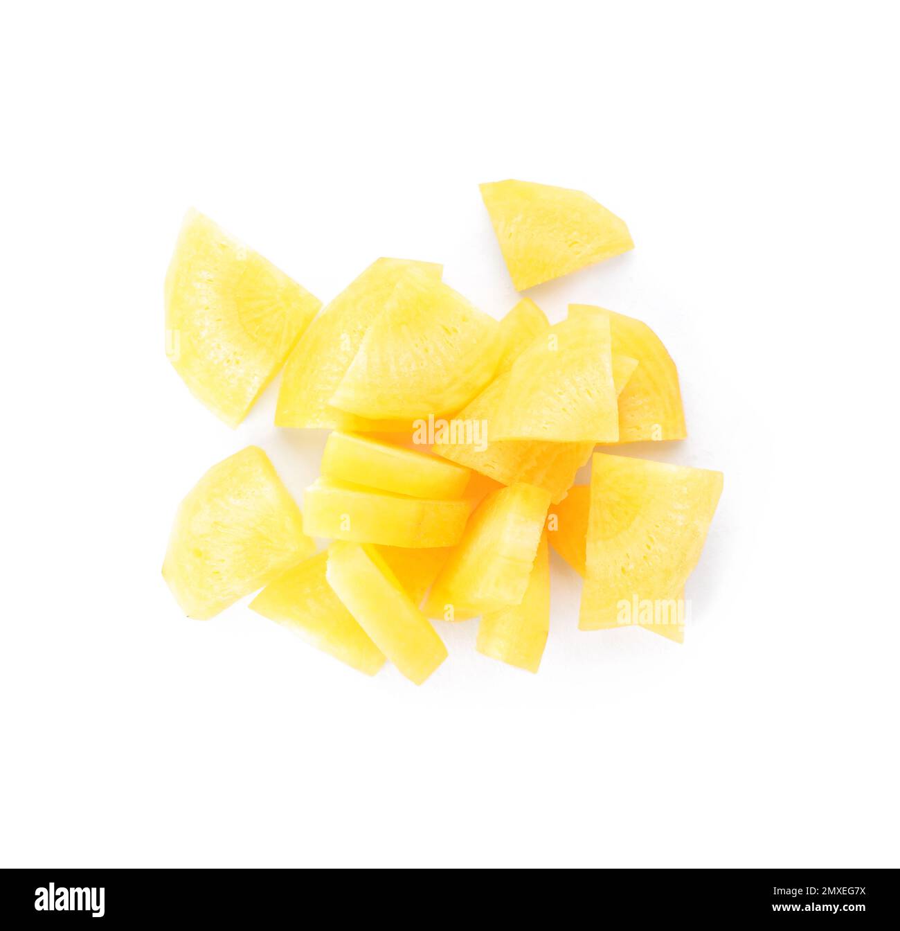 Slices of raw yellow carrot isolated on white, top view Stock Photo - Alamy