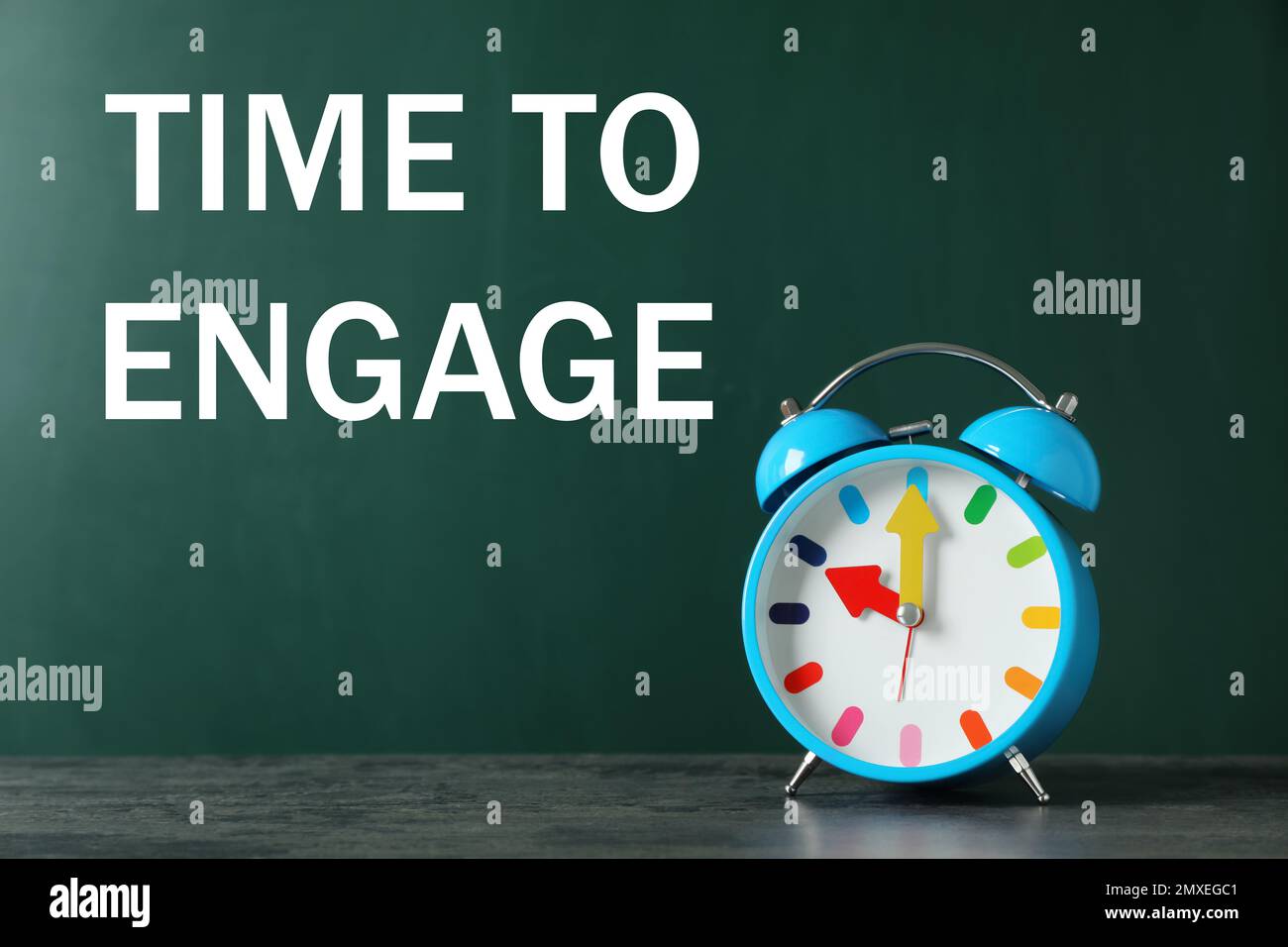 Text Time to engage on green chalkboard near alarm clock Stock Photo ...