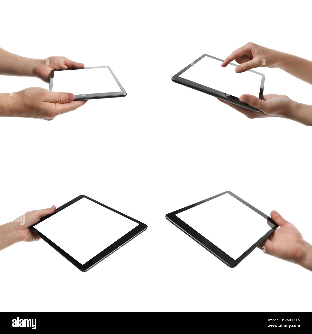 Collage with photos of people holding tablet computer on white ...