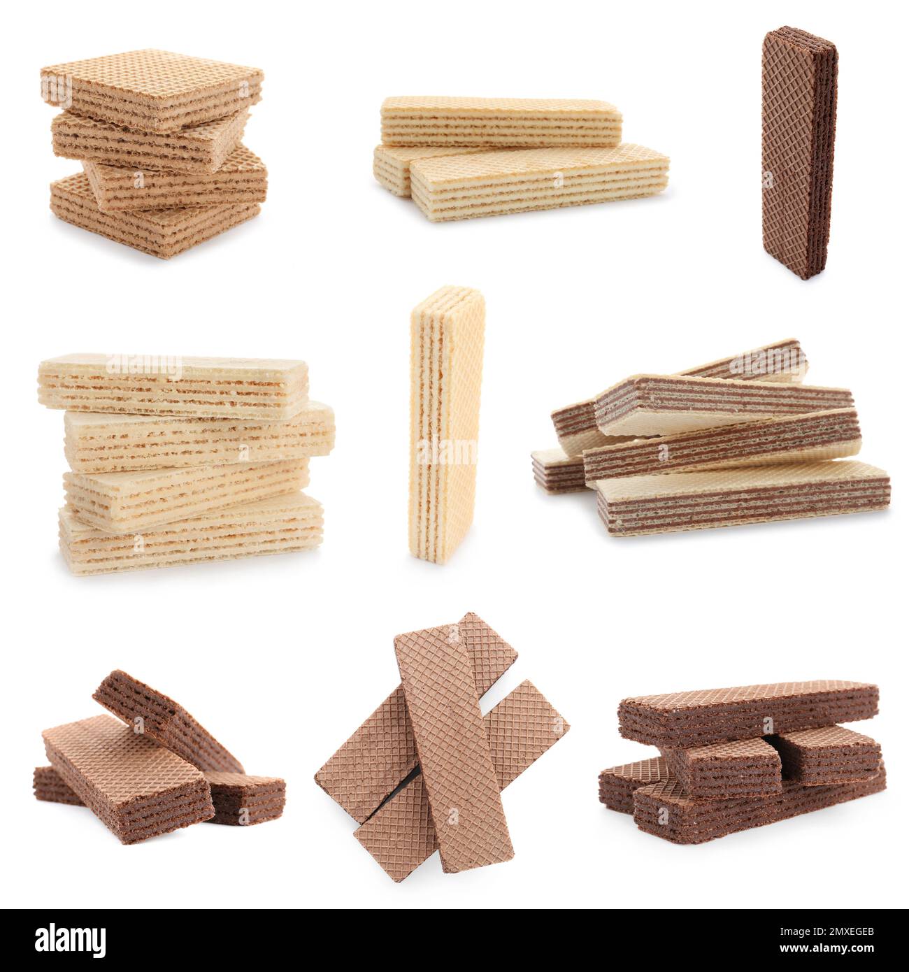 Set of different delicious crispy wafers on white background. Sweet ...