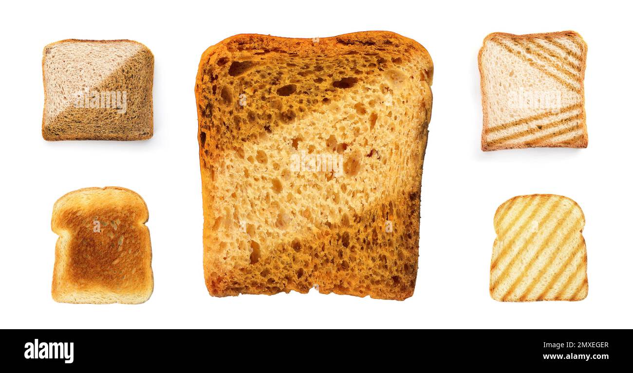 Set with toasted slices of wheat bread on white background, top view ...