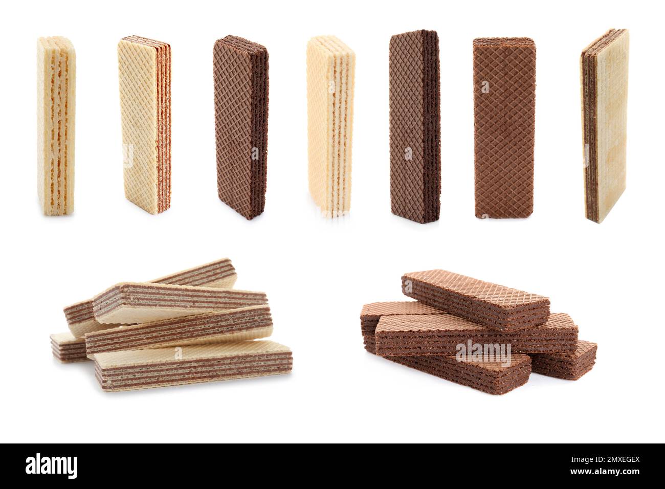 Set of different delicious crispy wafers on white background. Sweet ...
