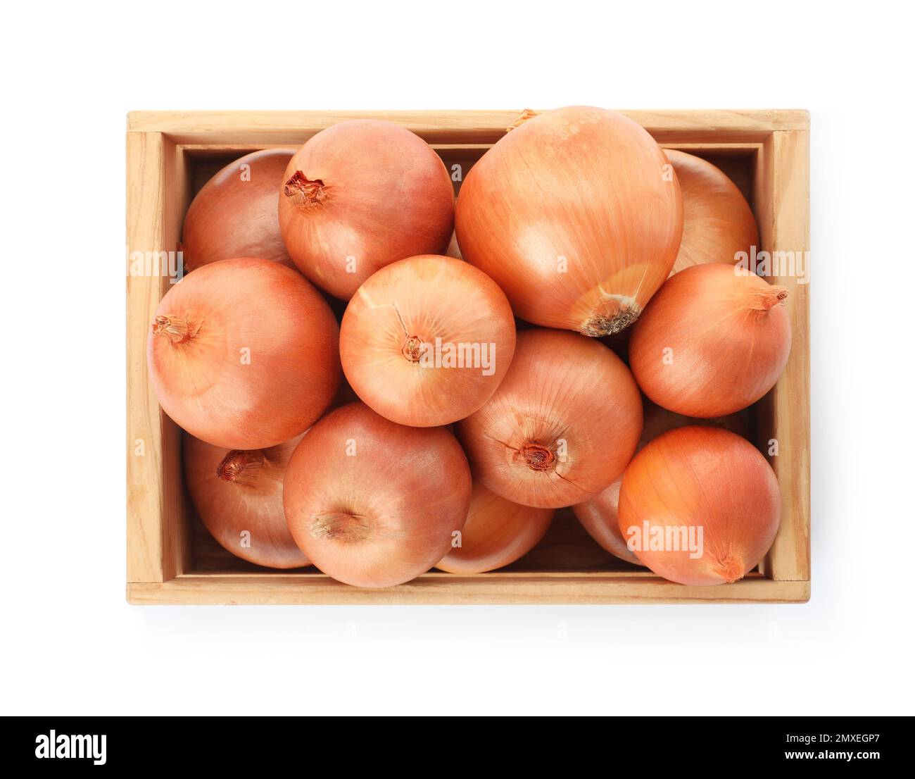 Fresh yellow onion bulbs in wooden crate isolated on white, top view ...