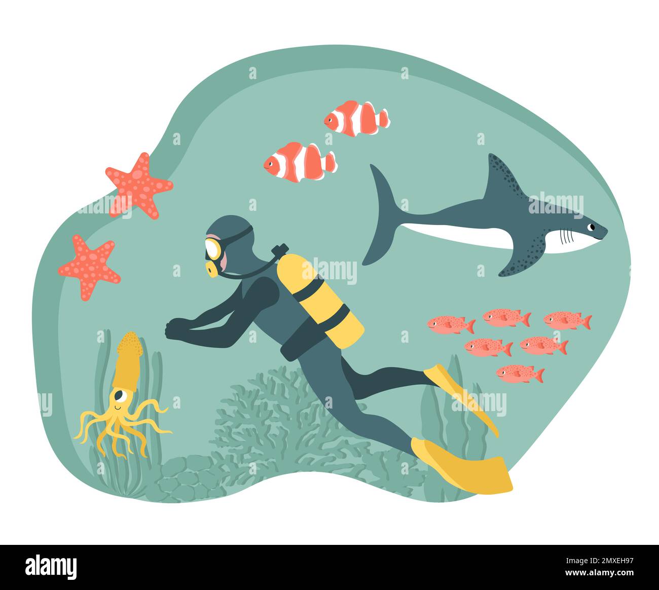 Vector ocean illustration with diver, shark, clown fish, starfish ...
