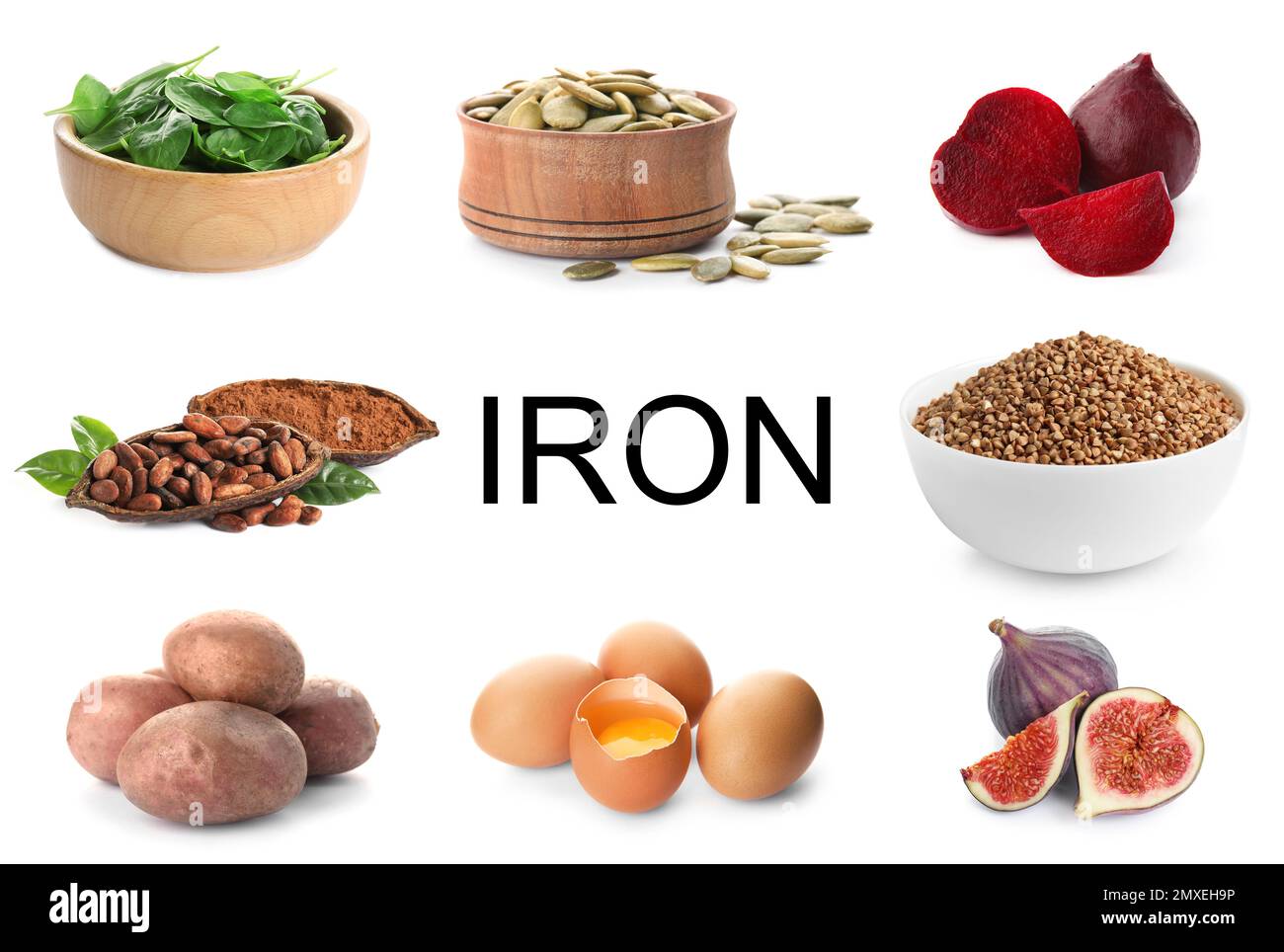 Set with fresh products rich in iron on white background Stock Photo ...