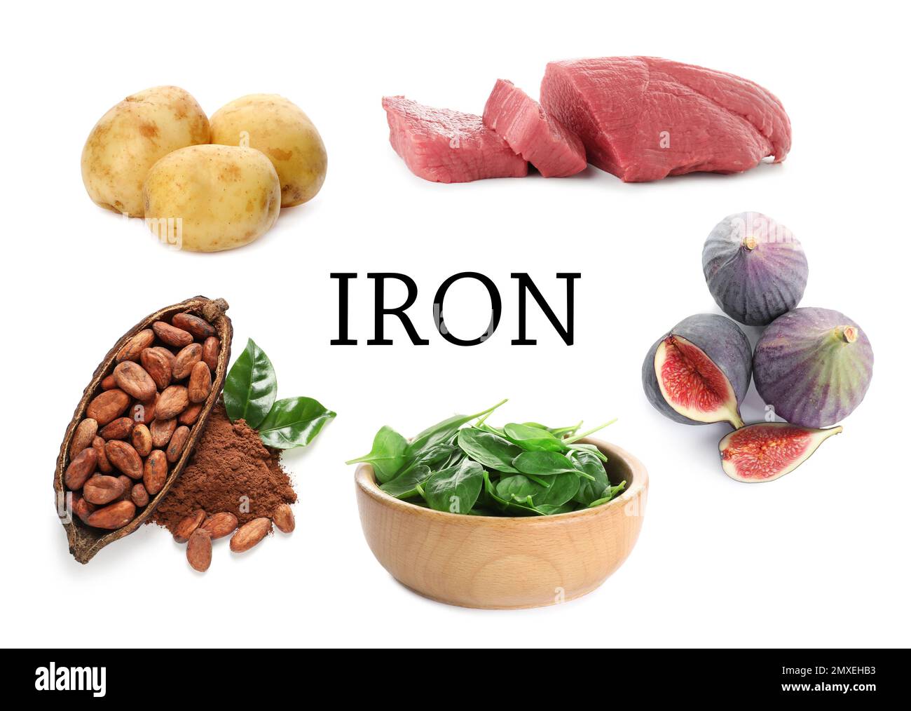 Set with fresh products rich in iron on white background Stock Photo ...