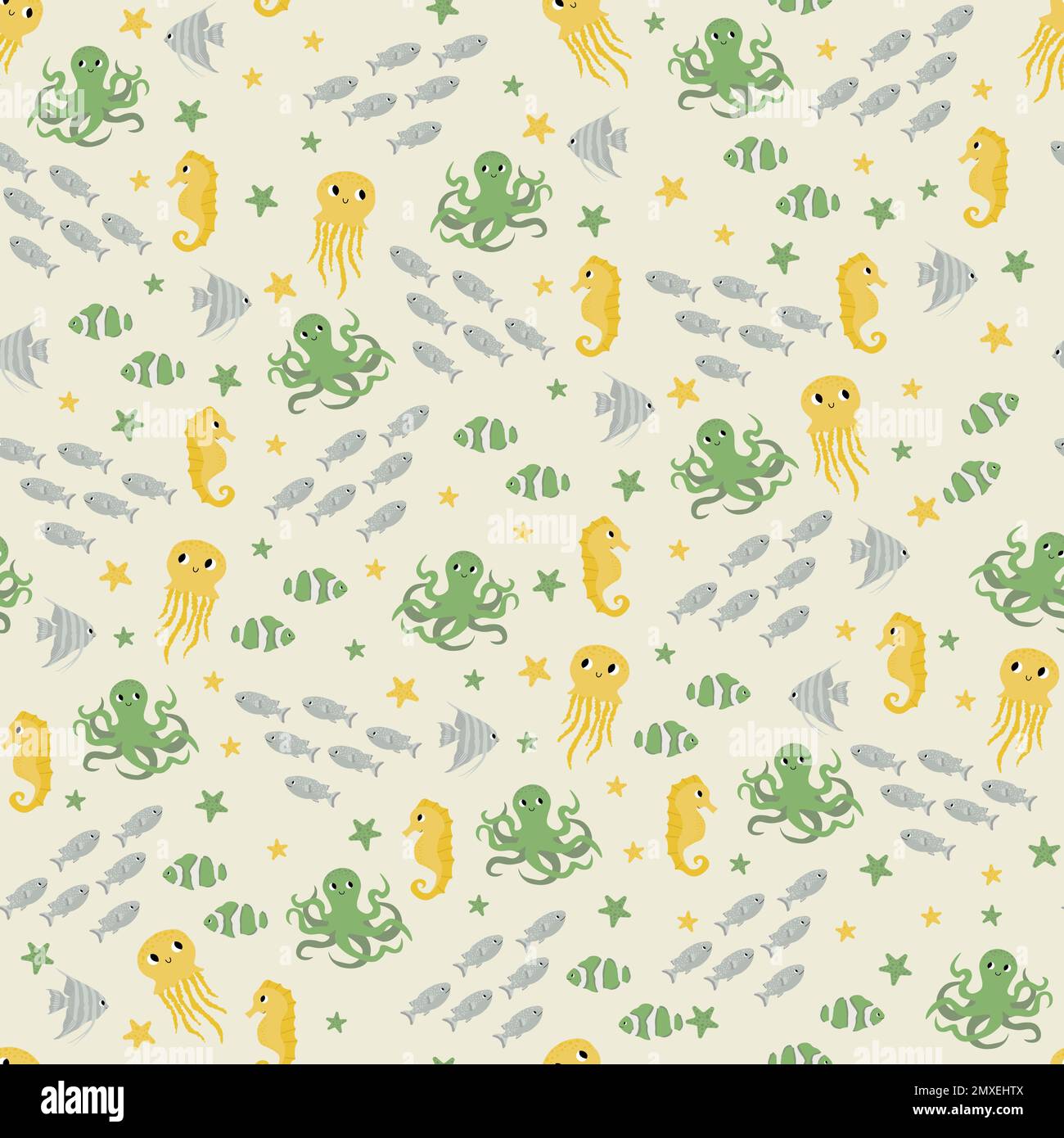 Vector seamless pattern with clownfish,seahorse,jellyfish,octopus ...