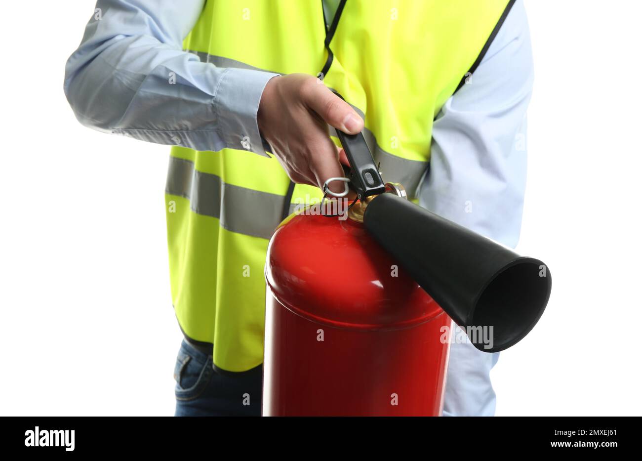 Worker using fire extinguisher on white background, closeup Stock Photo ...