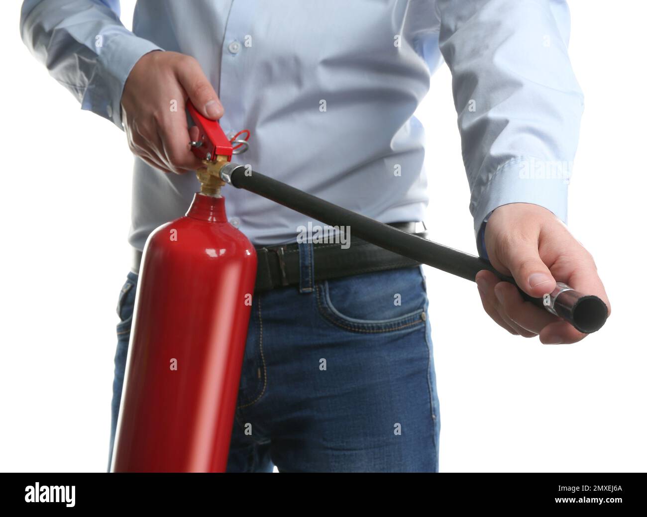 Man using fire extinguisher on white background, closeup Stock Photo ...