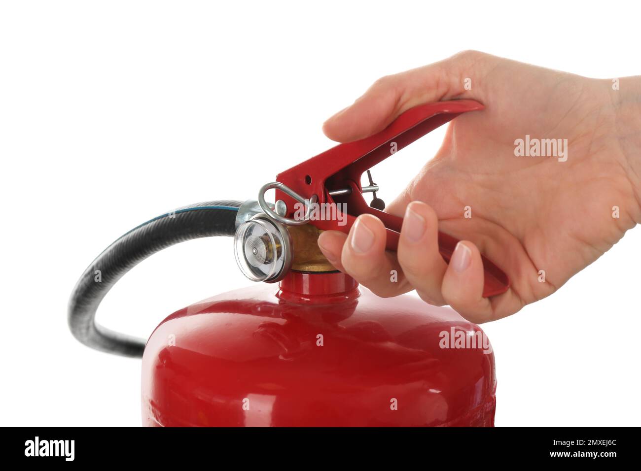 Woman using fire extinguisher on white background, closeup Stock Photo ...