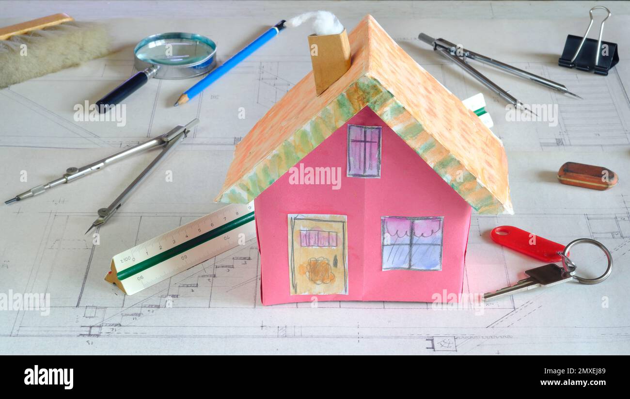 Construction and architecture concept.Fictional drawing and plan of a ...