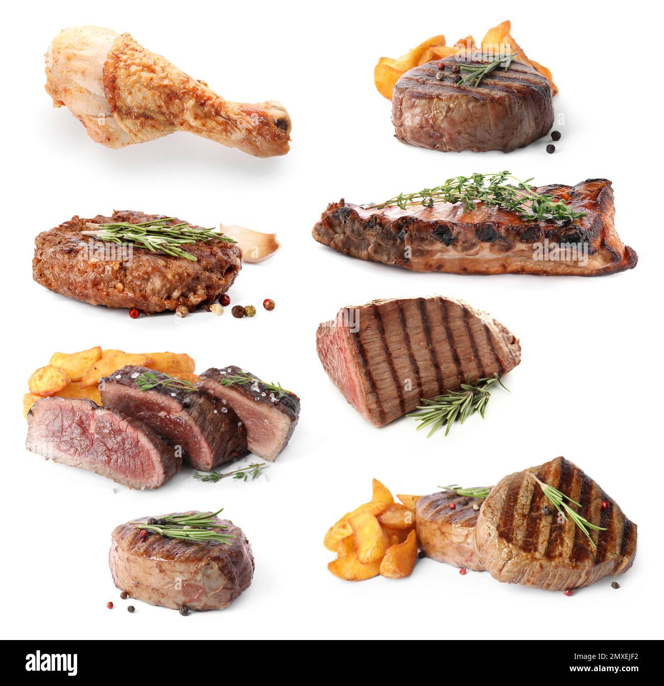 Set with different delicious grilled meat on white background Stock ...