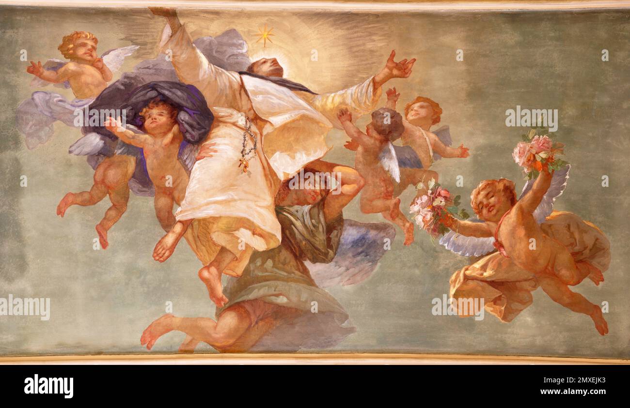 BARI, ITALY - MARCH 3, 2022: The fresco of Apotheosis of St. Dominc in ...