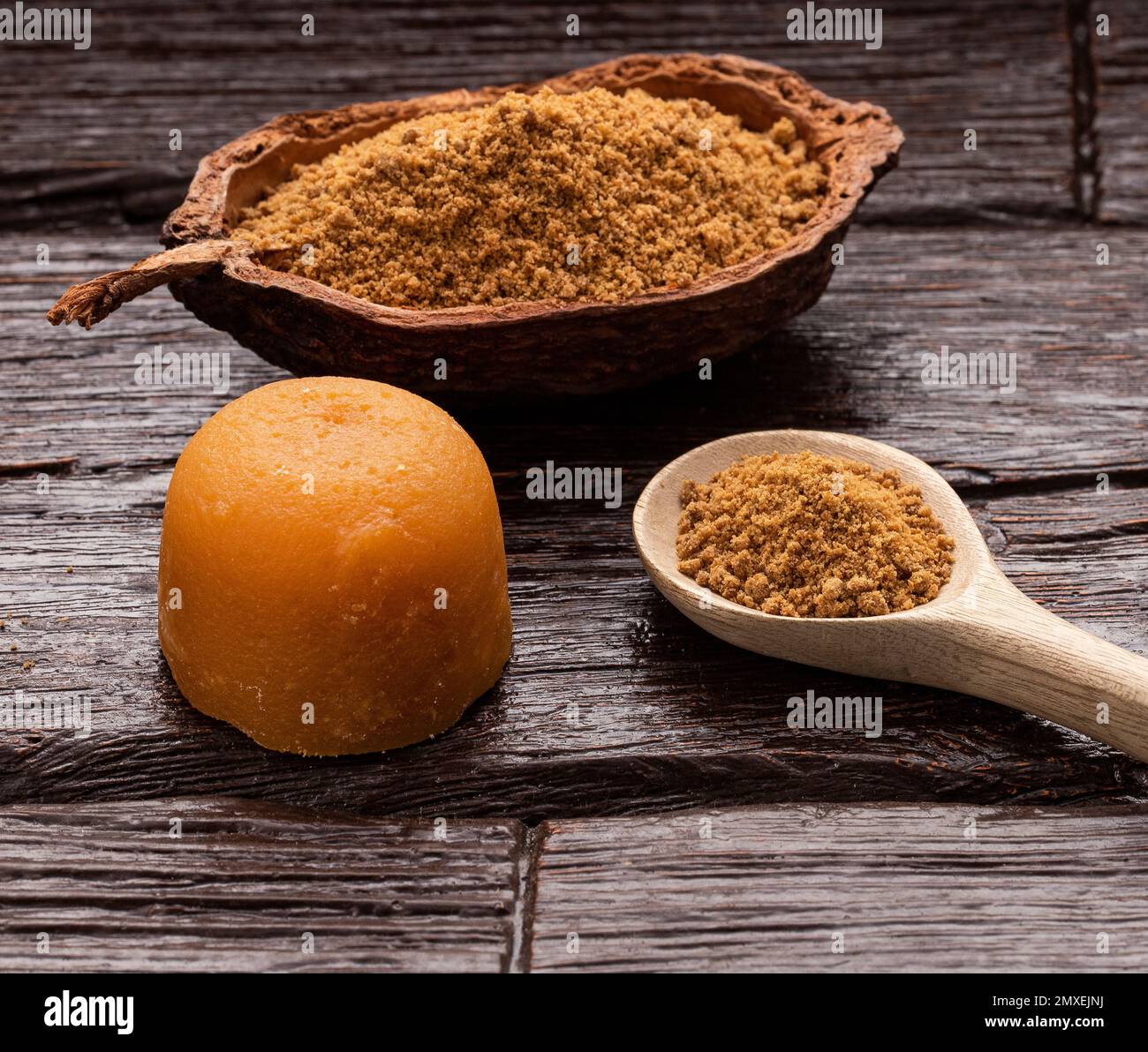 Blocks and powder of sugarcane panela - Saccharum officinarum Stock ...