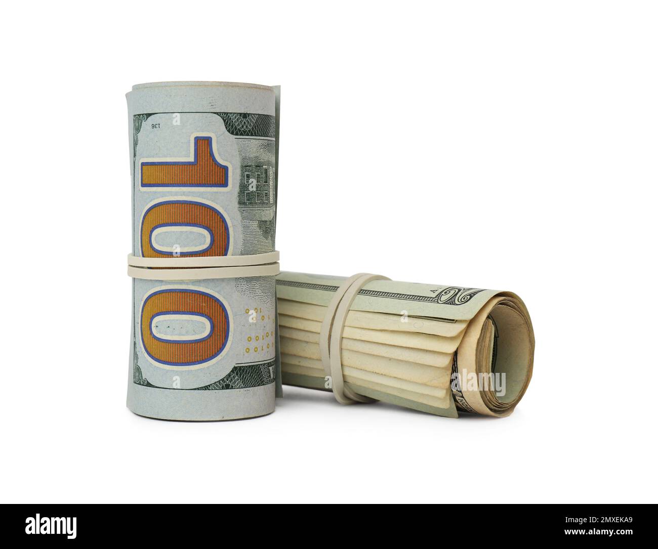 Rolled dollar banknotes on white background. American national currency ...