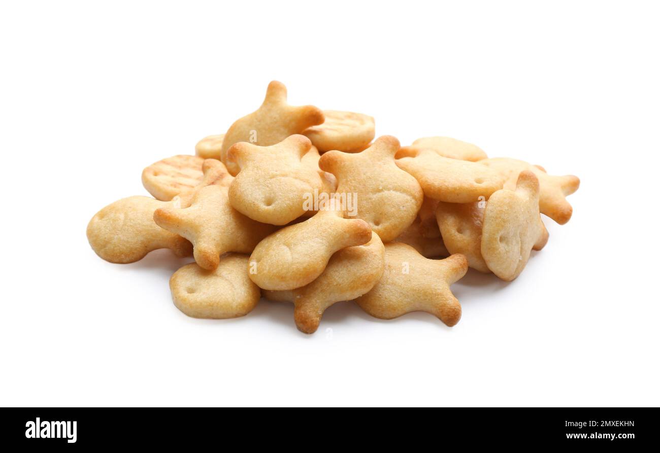 Delicious crispy goldfish crackers on white background Stock Photo - Alamy