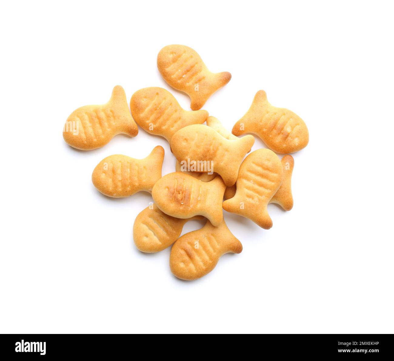Delicious crispy goldfish crackers on white background, top view Stock ...