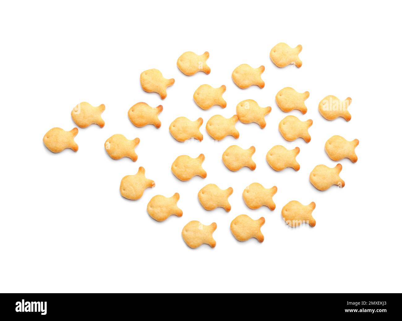 Delicious crispy goldfish crackers on white background, top view Stock ...