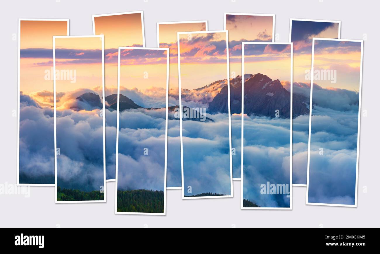 Isolated ten frames collage of picture of sunrise in foggy Val di Fassa ...