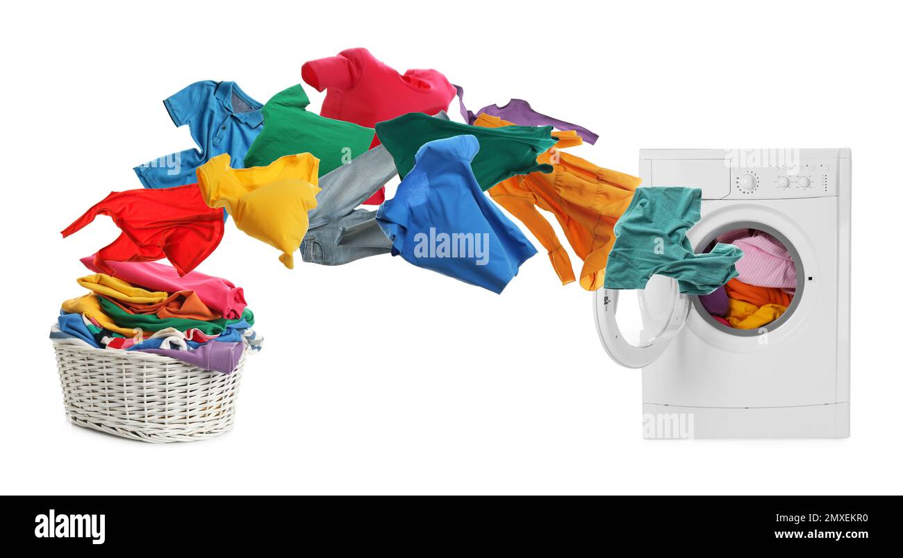 Washing machine and flying clothes on white background, banner design ...