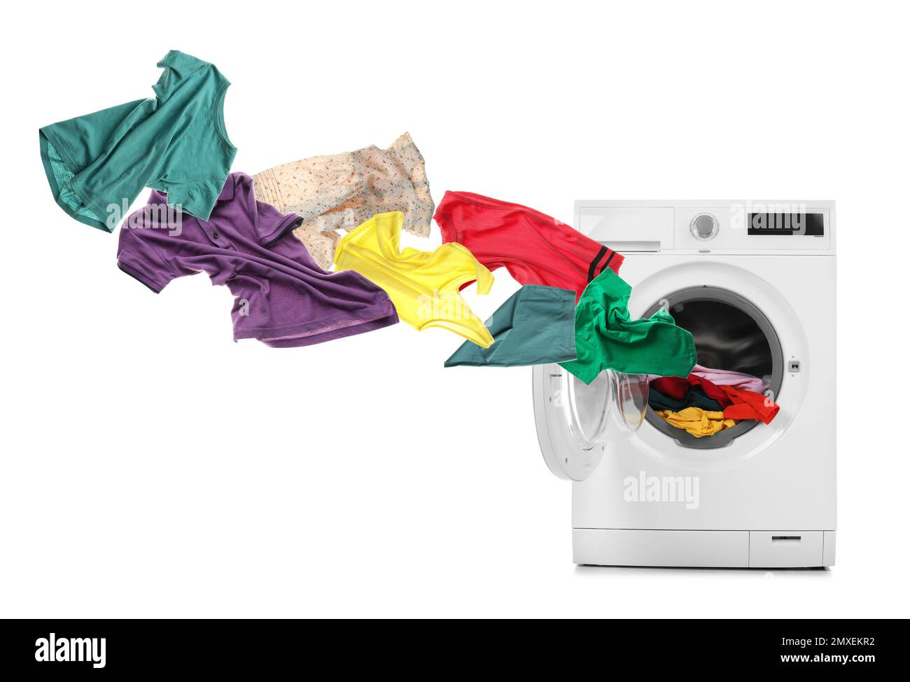 Washing machine and flying clothes on white background Stock Photo - Alamy
