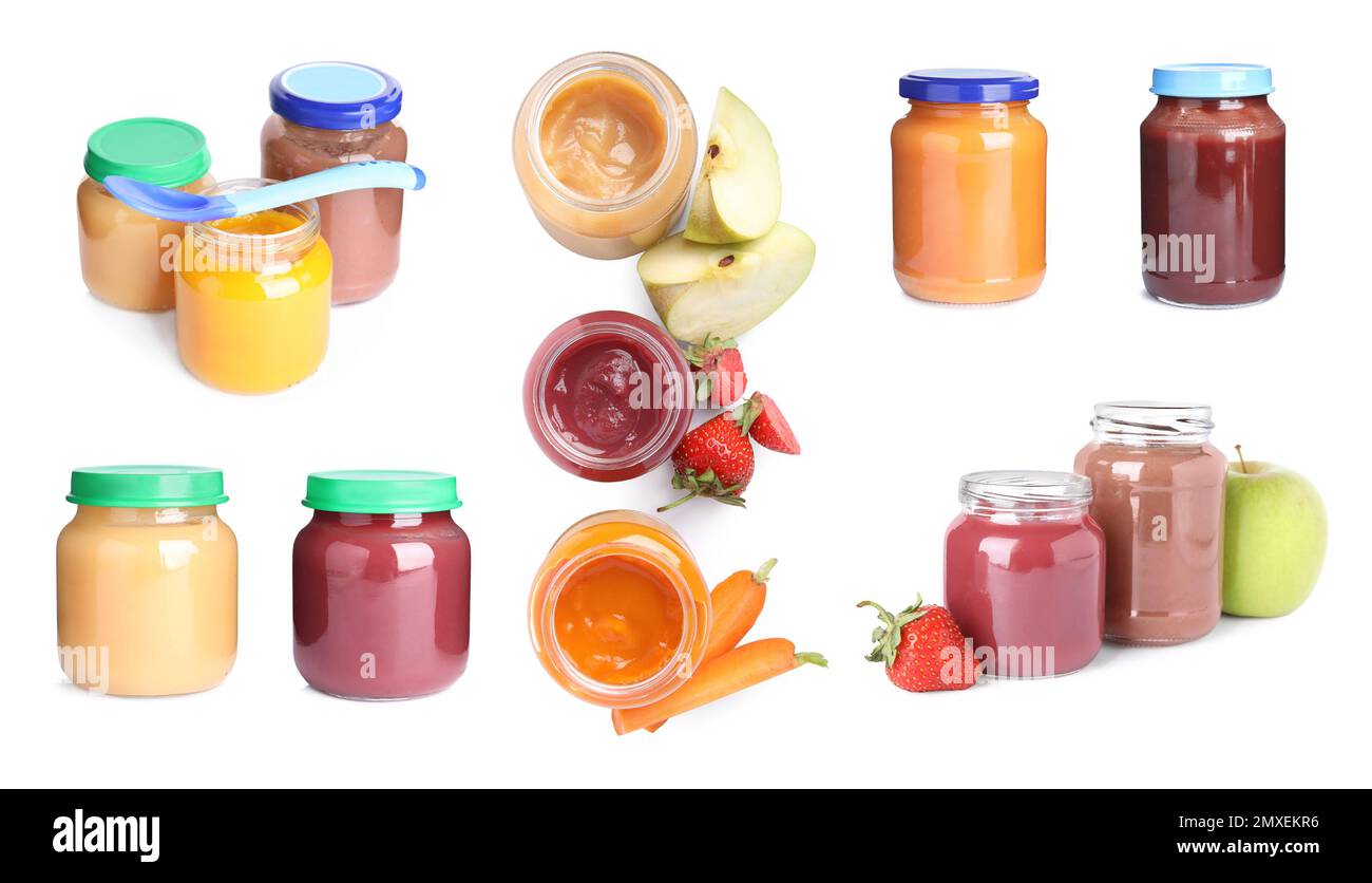Set with different jars of baby food on white background, banner design ...