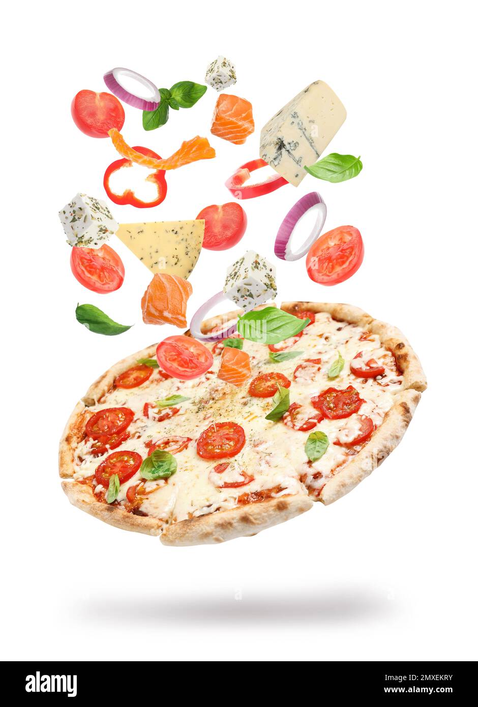 Delicious pizza with flying ingredients on white background Stock Photo ...
