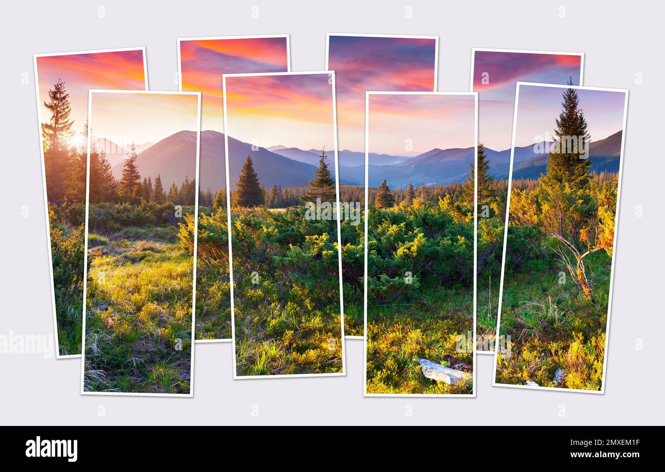 Isolated eight frames collage of picture of colorful summer sunrise in ...