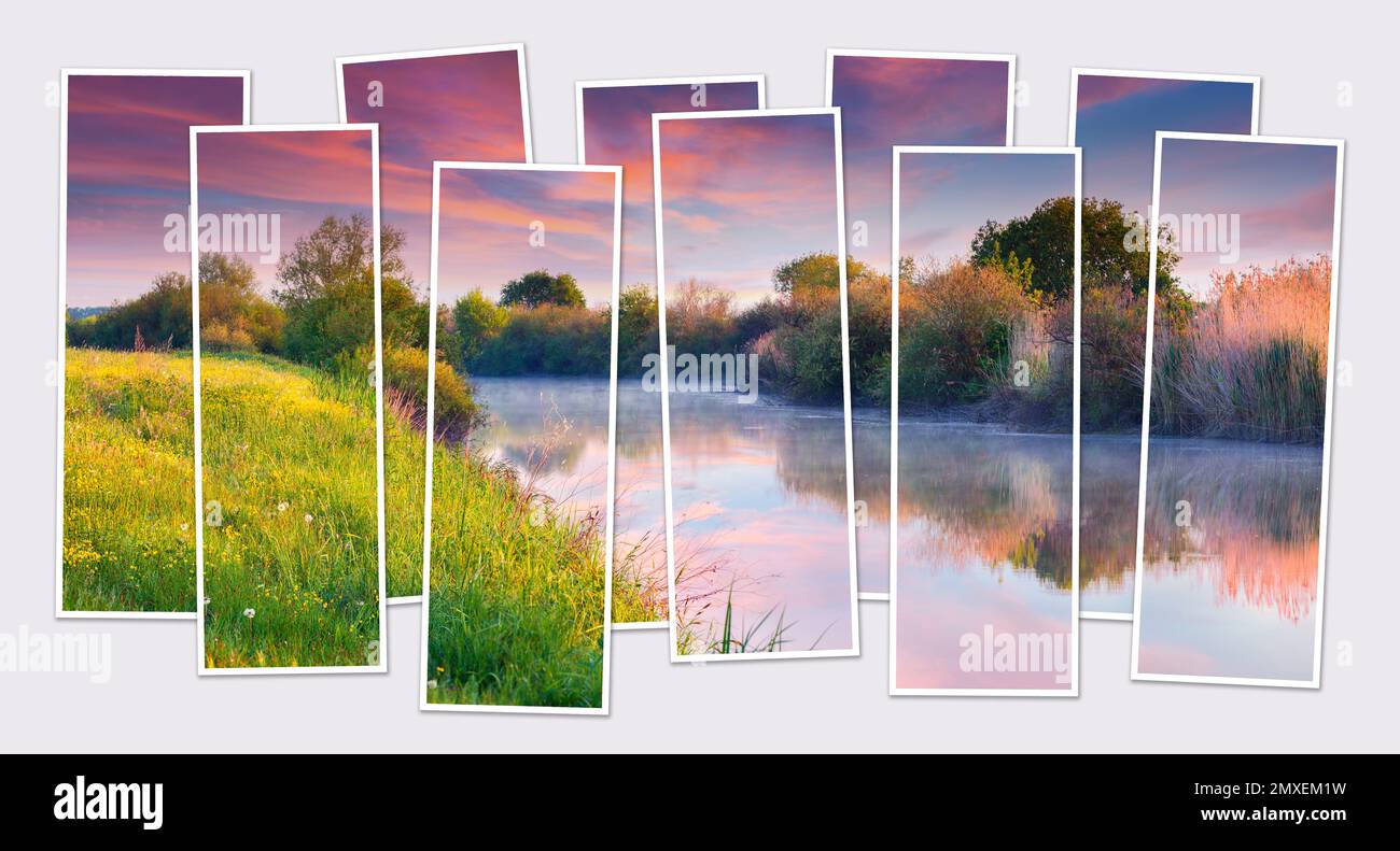 Isolated ten frames collage of picture of summer sunrise on calm river ...