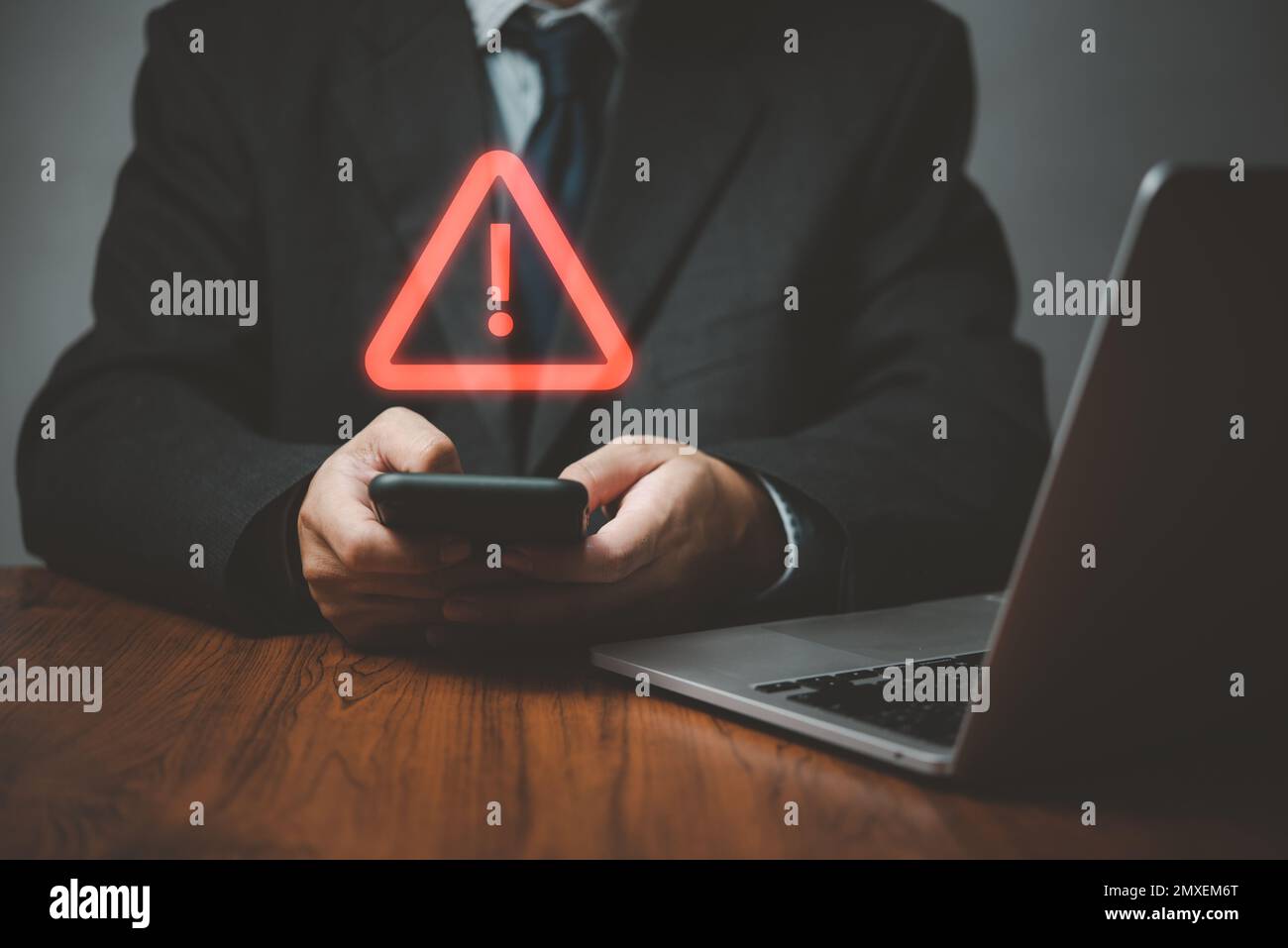 Businessman Programmer Developer Using Smartphone With Triangle Caution Warning Sign For