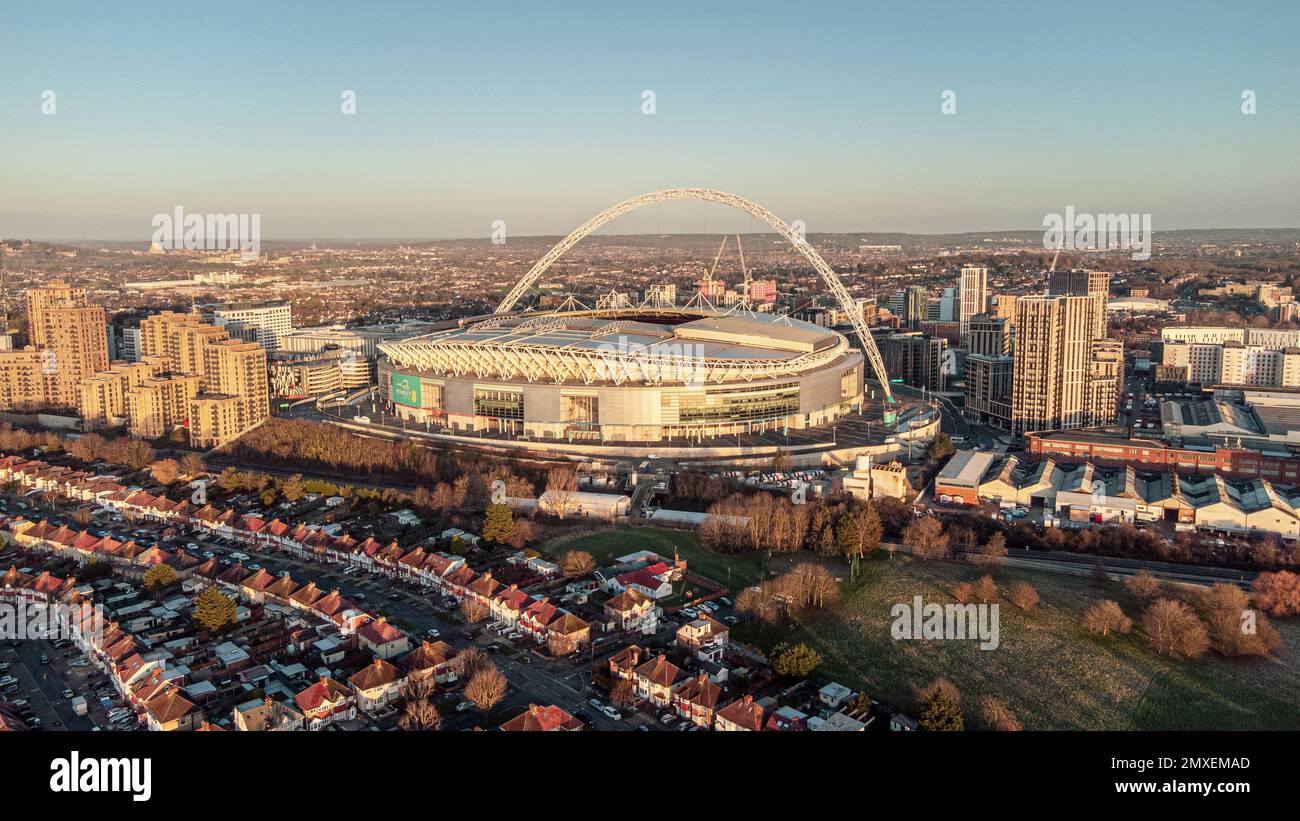 An aerial view of Wembley Stadium at sunrise in London, the United ...