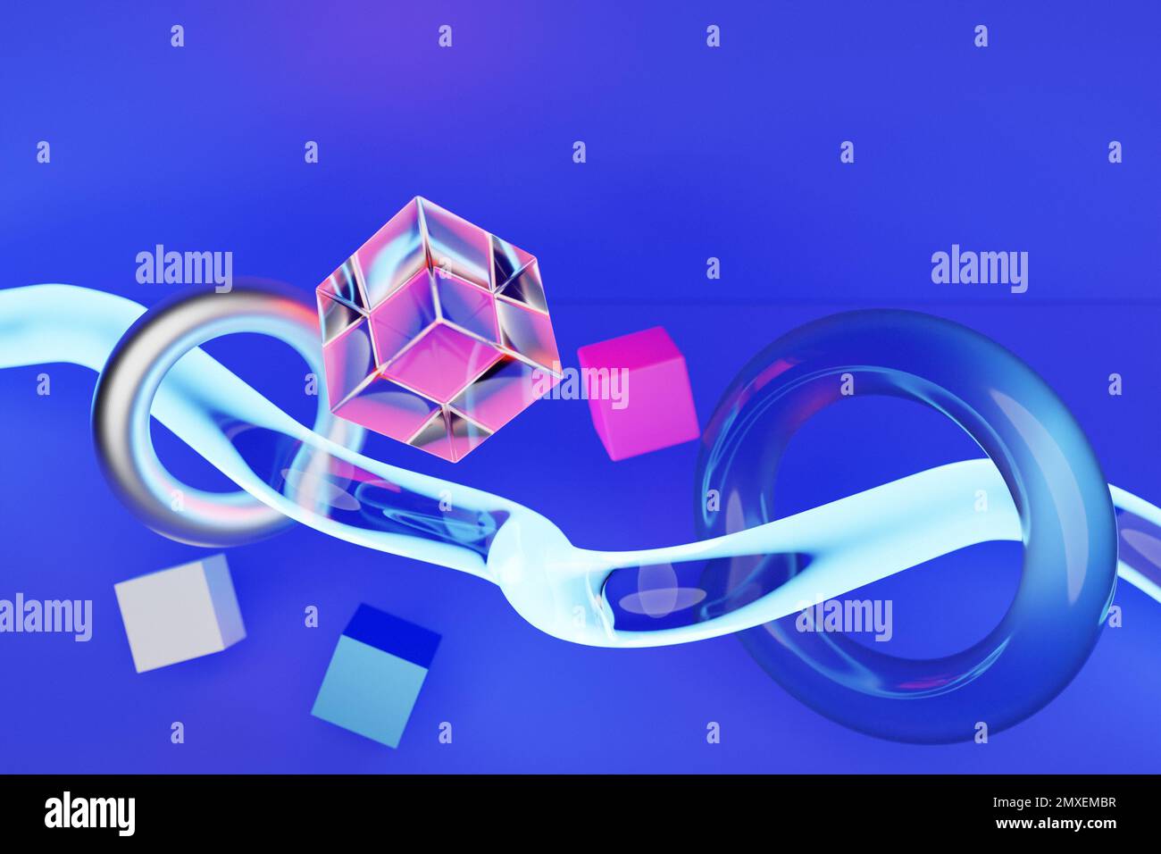 Close-up 3d blue and pink illustration. Different cube and torus flying ...