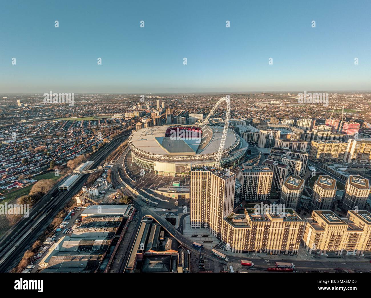 An aerial view of Wembley Stadium at sunrise in London, the United ...