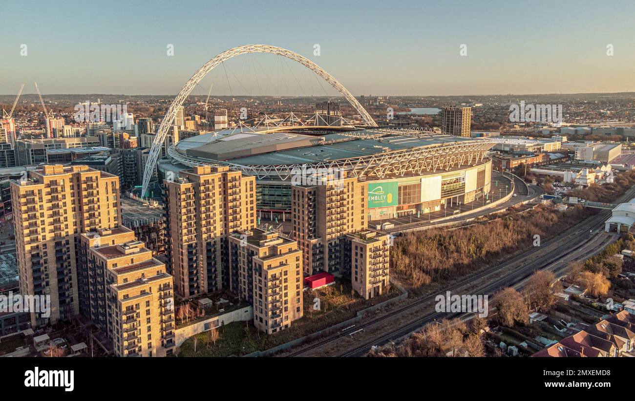 An aerial view of Wembley Stadium at sunrise in London, the United ...
